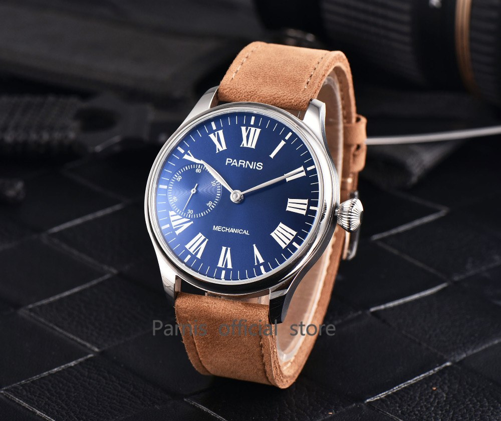 44mm Parnis Roman Numbers Hand Winding Mechanical Mens Aviator Wrist ...