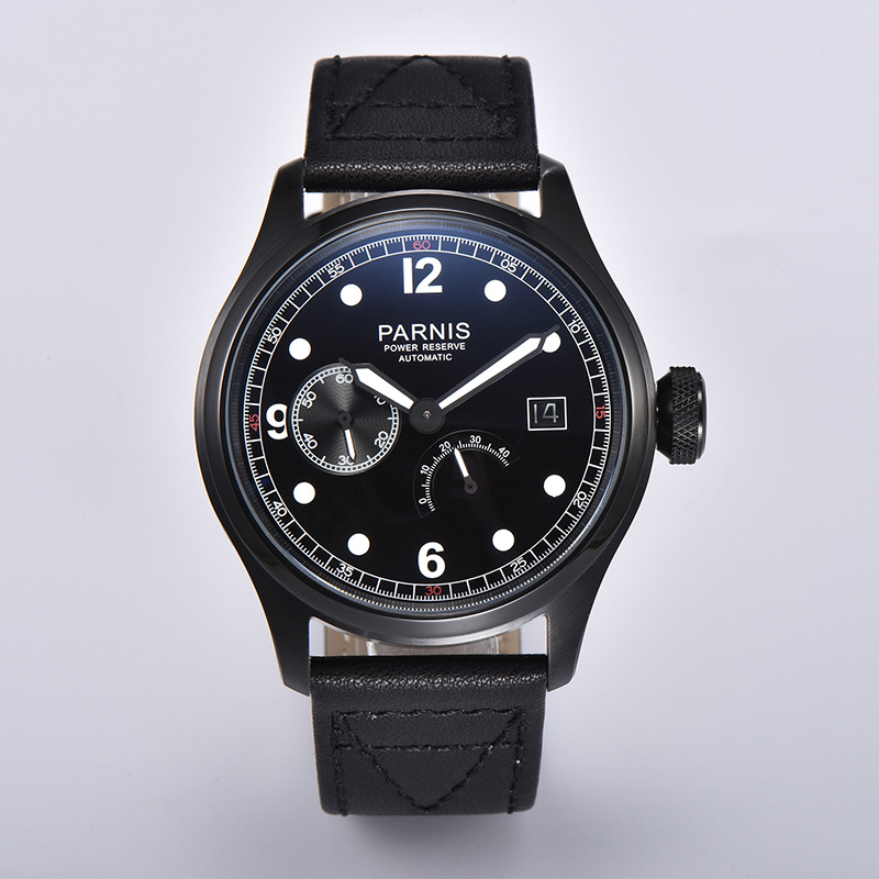 46.5mm Parnis Stainless Steel Black Case Leather Strap Wrist Watches ...